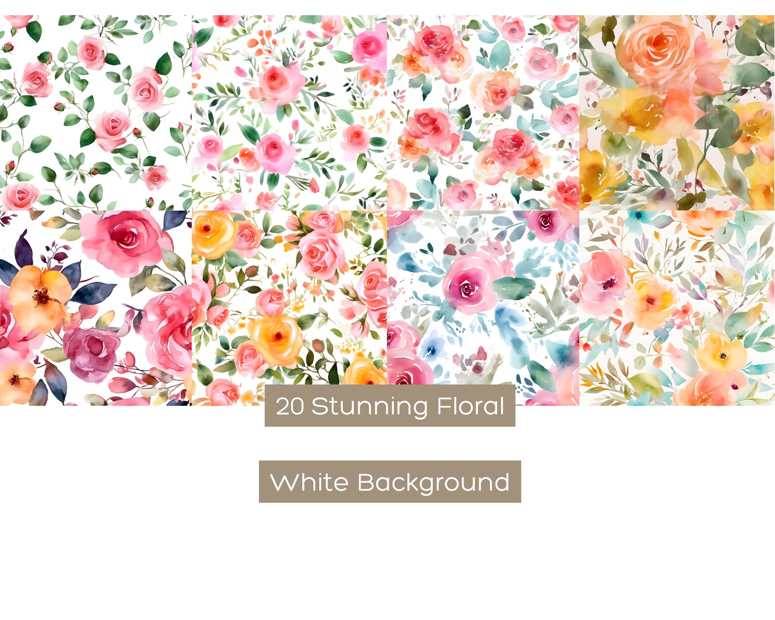 20 Roses Floral Digital Paper - Watercolor Flower Backgrounds Patterns ...