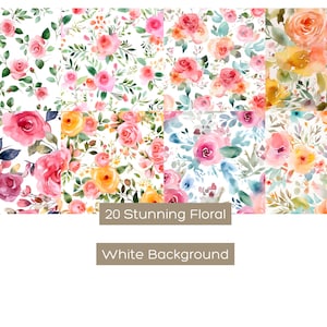20 Roses Floral Digital Paper - Watercolor Flower Backgrounds Patterns ...