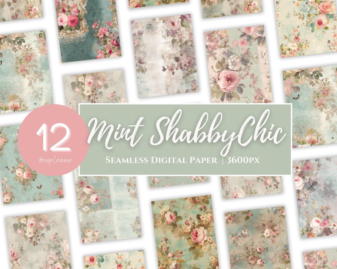 Shabby Chic Mint Digital Paper Pack Printable | Vintage Mint Green ...