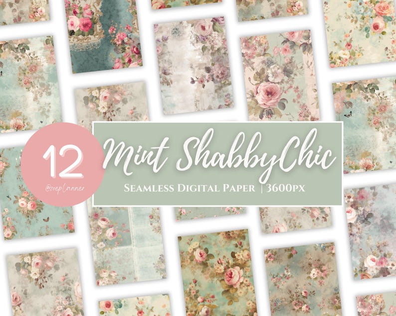 Shabby Chic Mint Digital Paper Pack Printable | Vintage Mint Green ...
