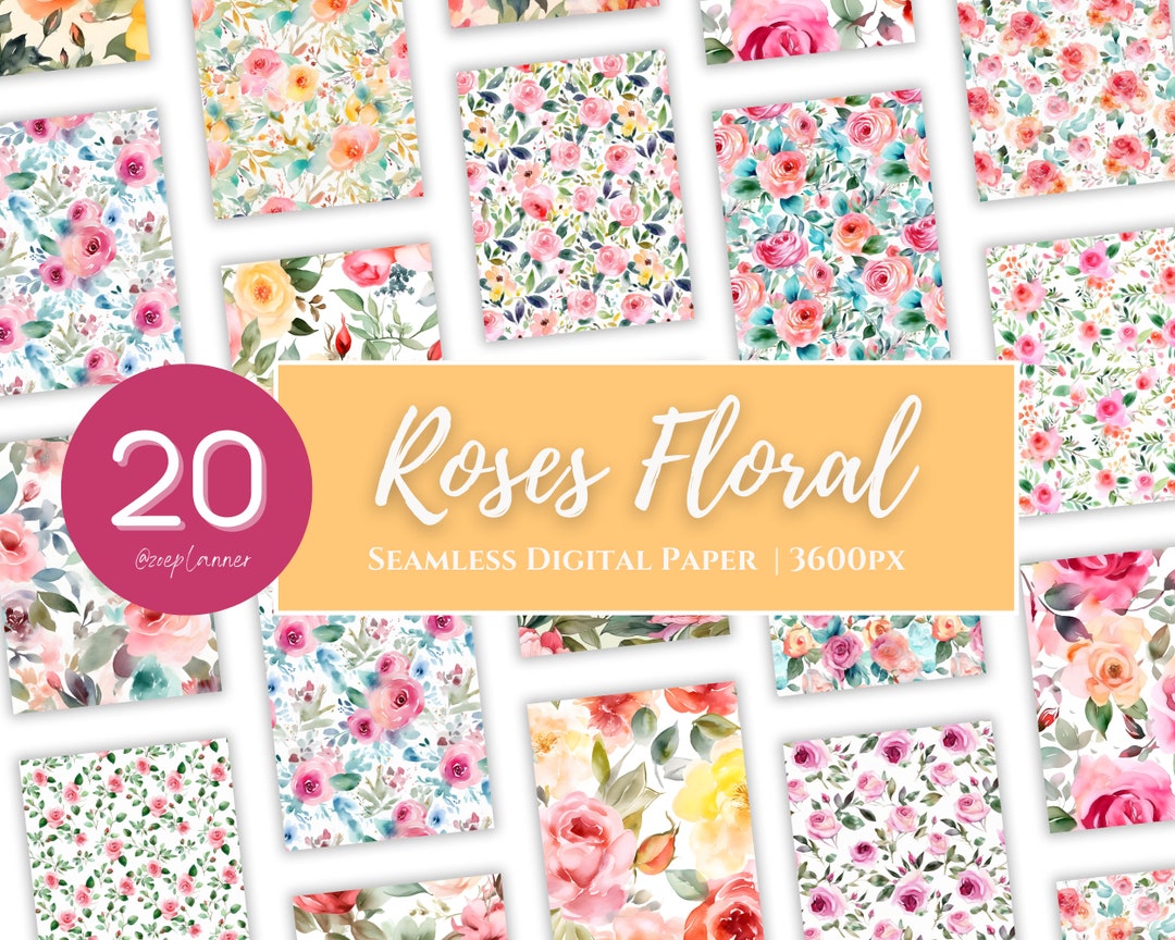 20 Roses Floral Digital Paper - Watercolor Flower Backgrounds Patterns ...