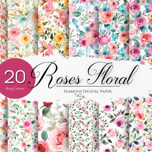20 Roses Floral Digital Paper - Watercolor Flower Backgrounds Patterns ...