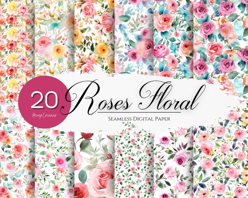 20 Roses Floral Digital Paper - Watercolor Flower Backgrounds Patterns ...