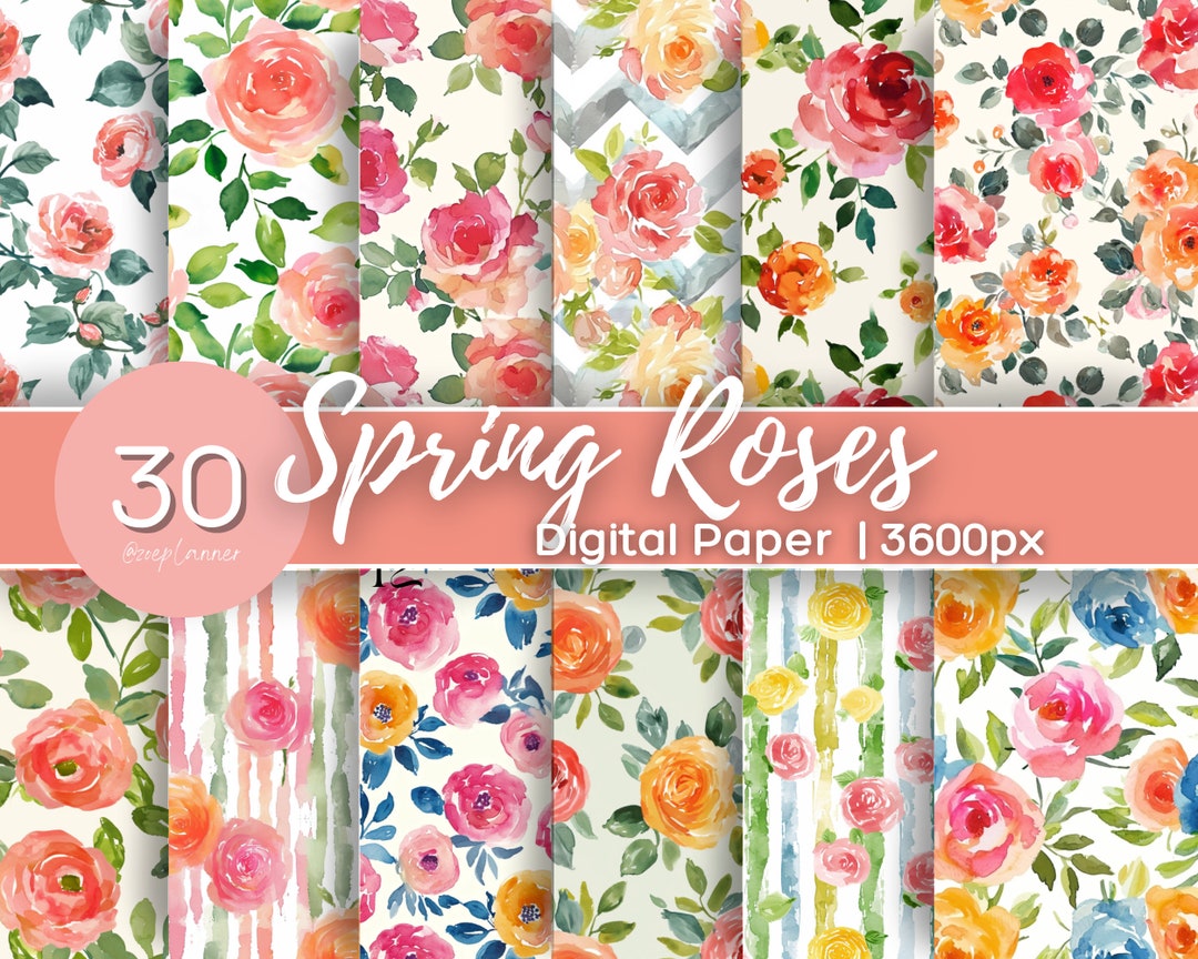 Spring Roses Watercolor Floral Digital Paper - Watercolor Flower ...