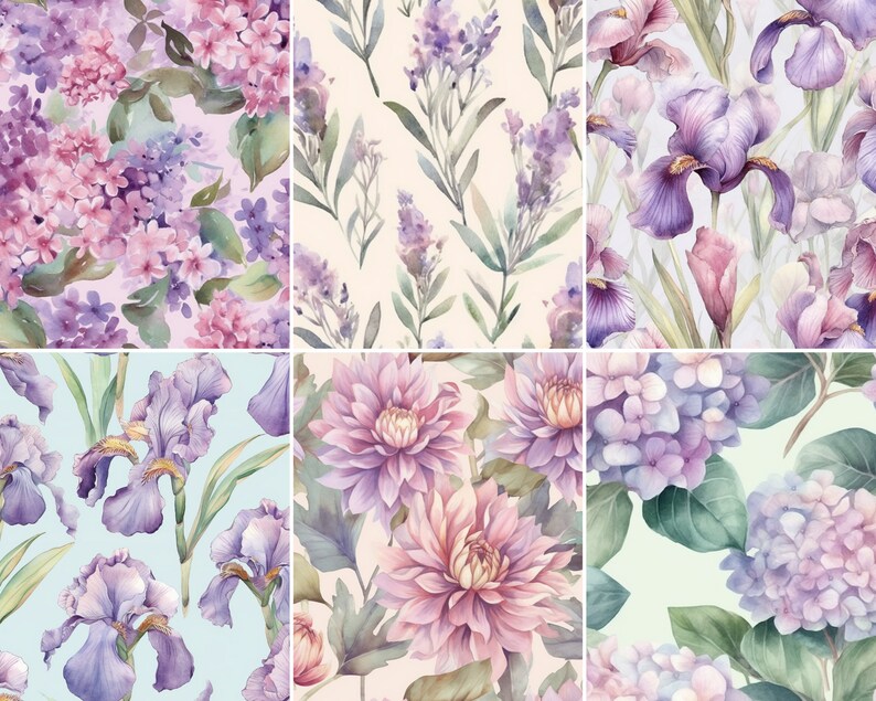 Lilac Floral Digital Paper Watercolor Flower Backgrounds Seamless ...