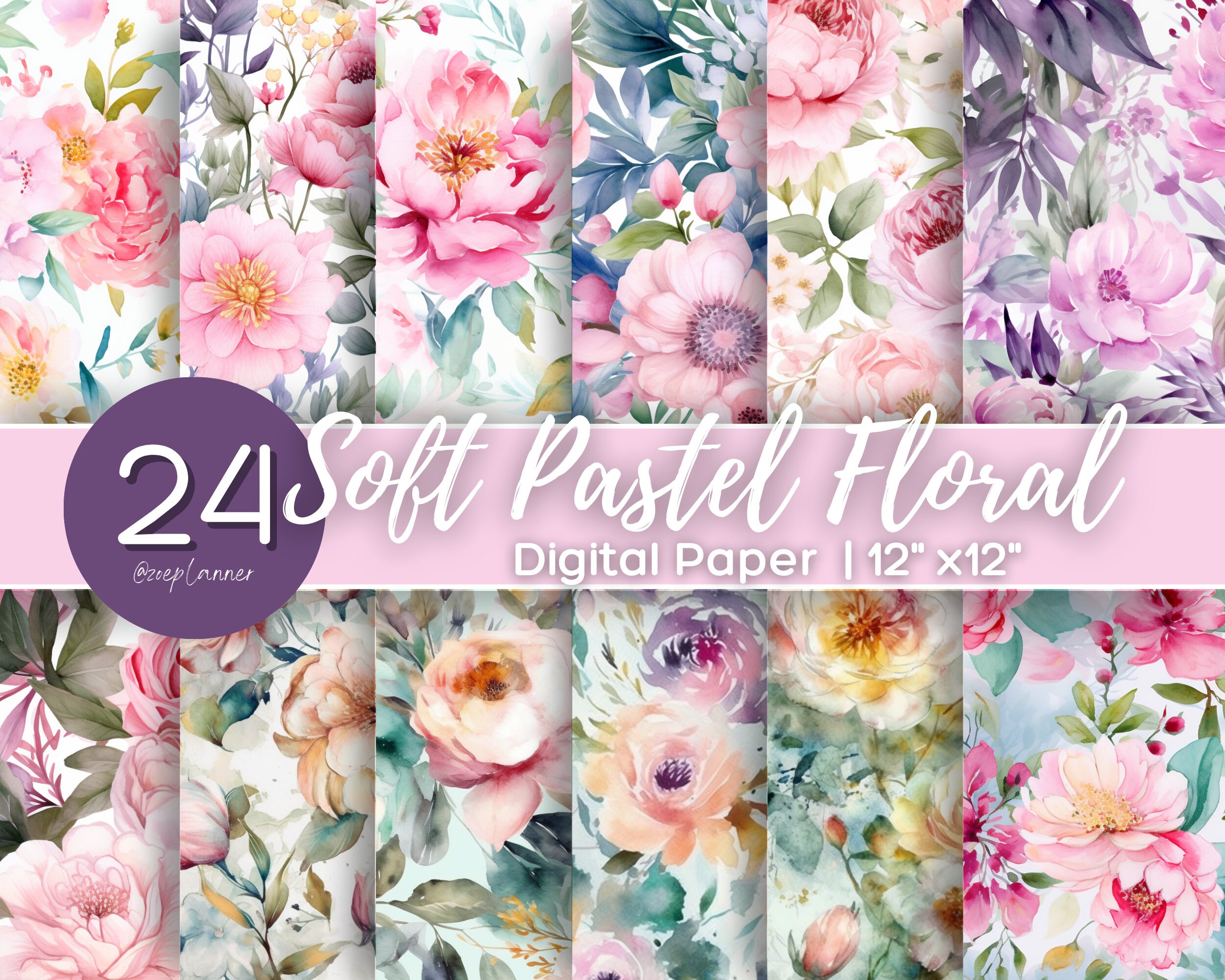 Soft Pastel Floral Spring Summer Digital Paper Watercolor Flower ...