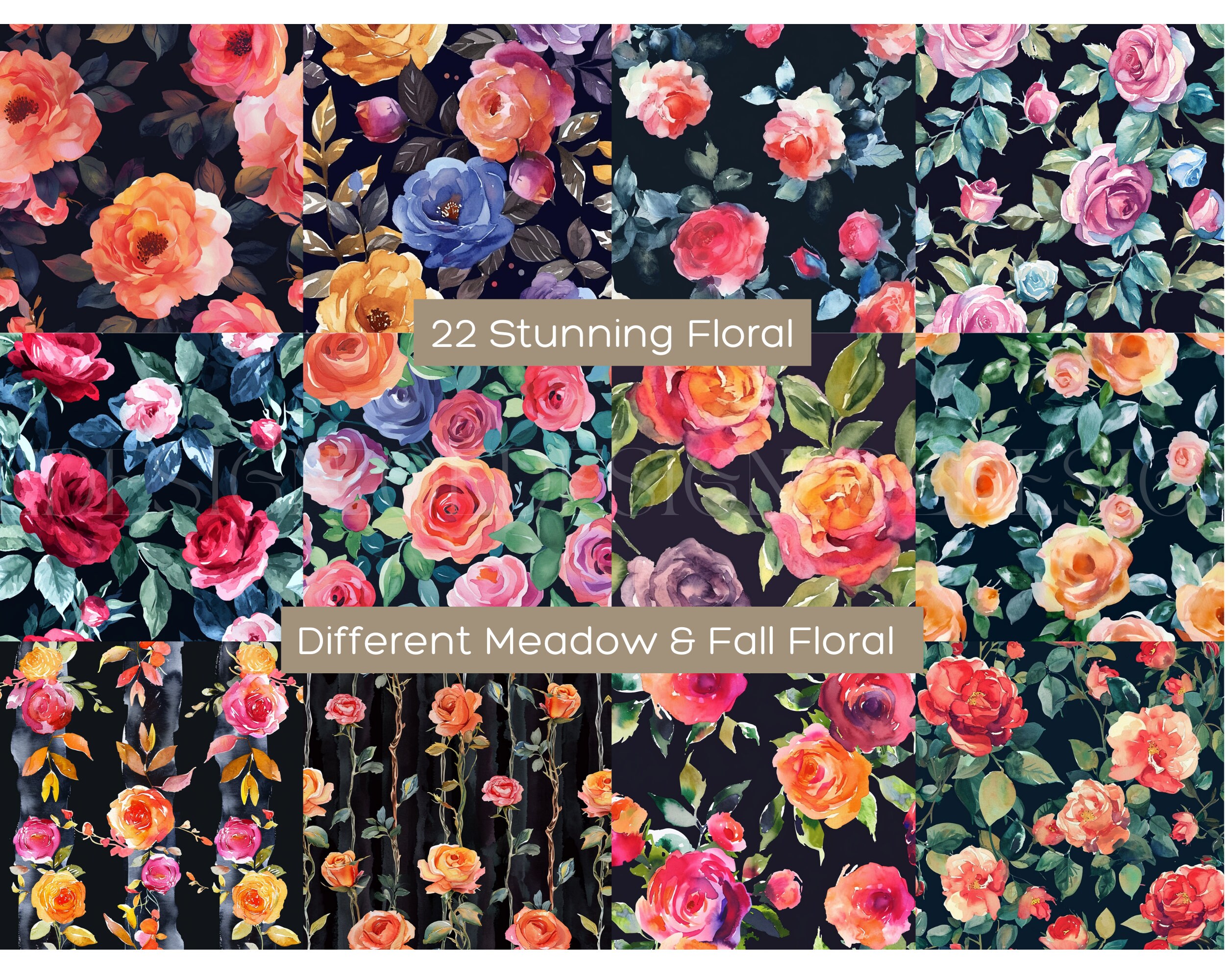 Black Roses Floral Digital Paper - Watercolor Flower Backgrounds ...