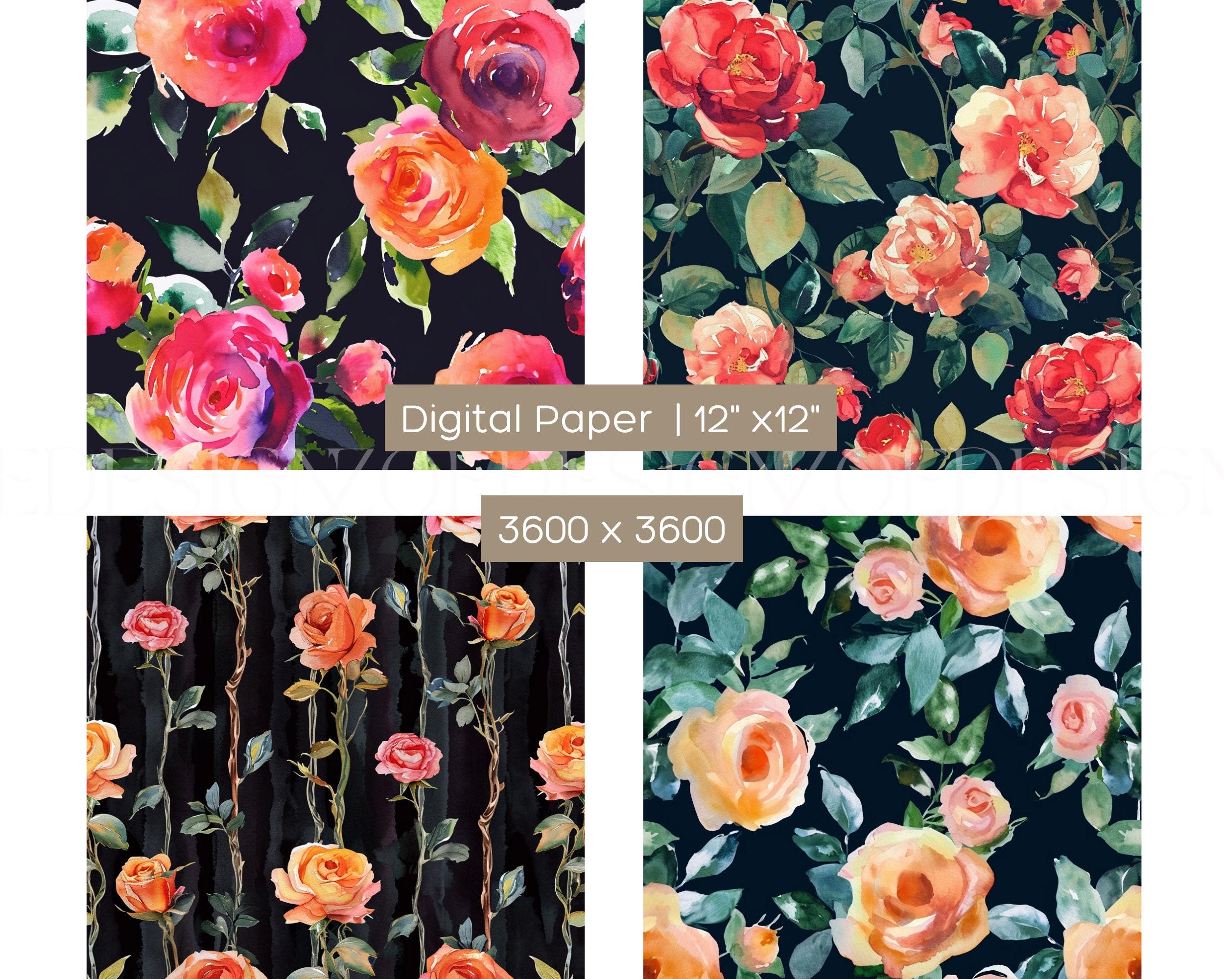 Black Roses Floral Digital Paper - Watercolor Flower Backgrounds ...