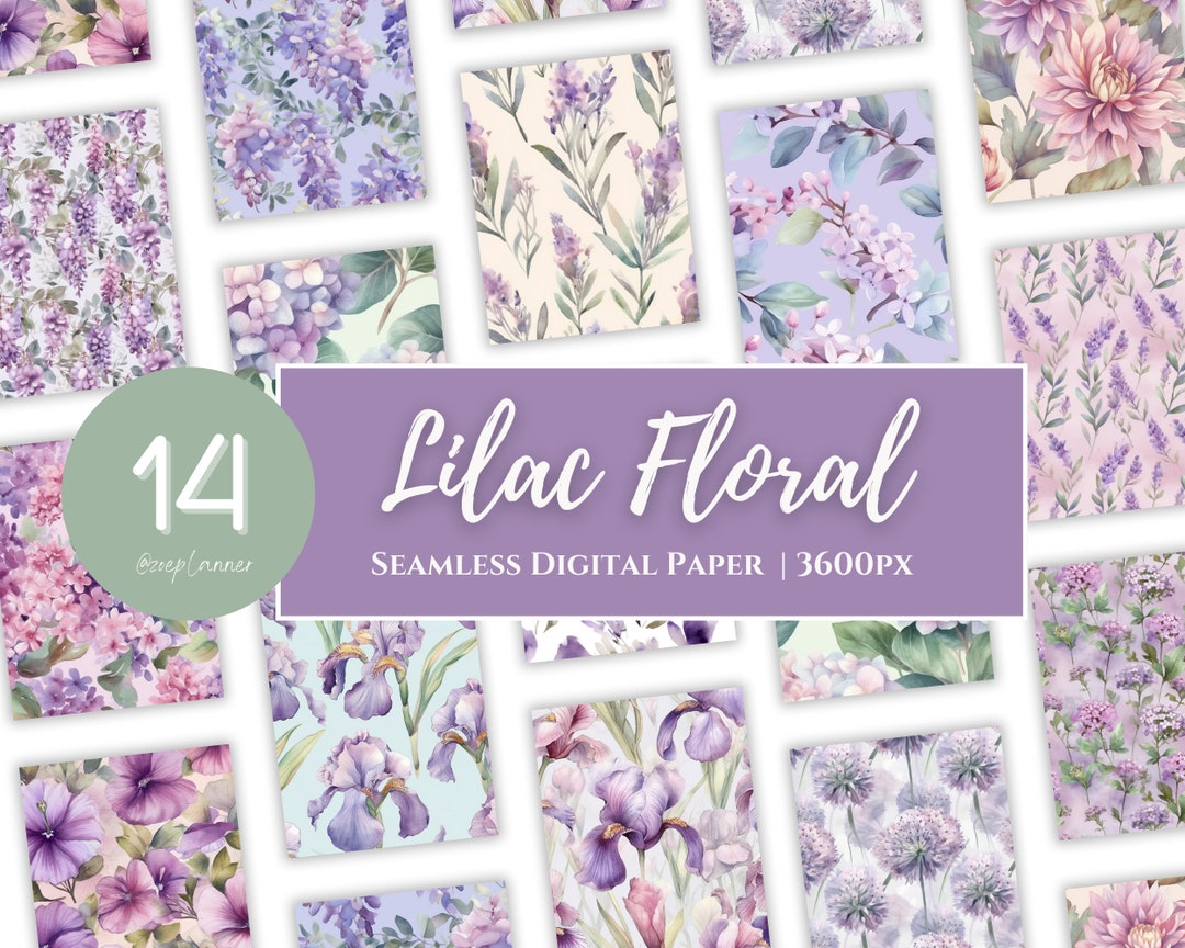 Lilac Floral Digital Paper: Watercolor Flower Seamless Patterns ...