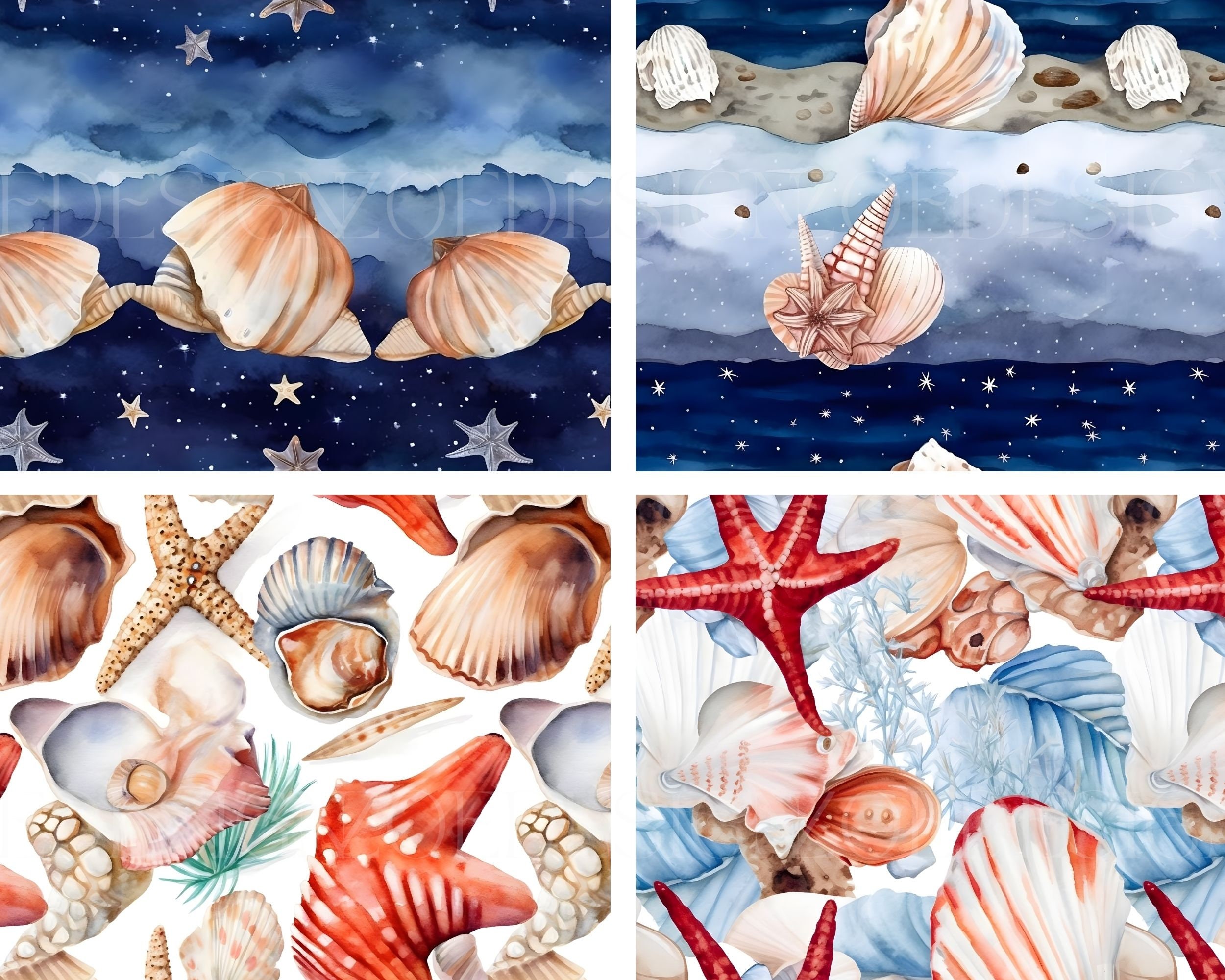 Summer Seashell & Starfish Digital Paper Printable Background Scrapbook ...
