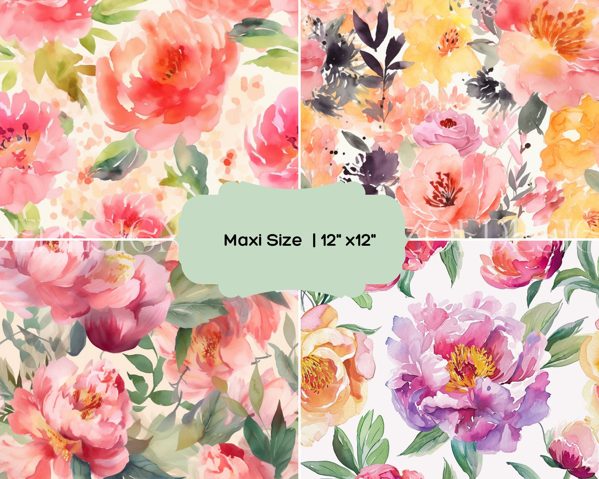 Peony Floral Digital Paper - Watercolor Flower Backgrounds Seamless ...