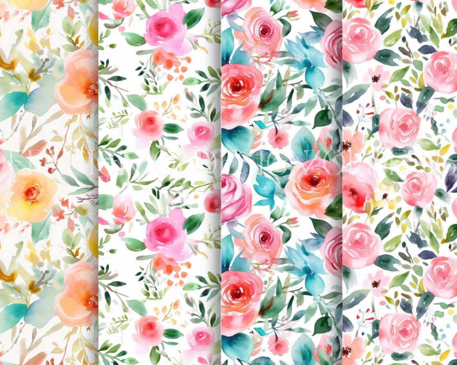 20 Roses Floral Digital Paper - Watercolor Flower Backgrounds Patterns ...