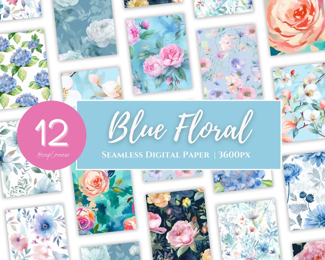 Blue Floral Spring Summer Digital Paper - Watercolor Flower Backgrounds ...