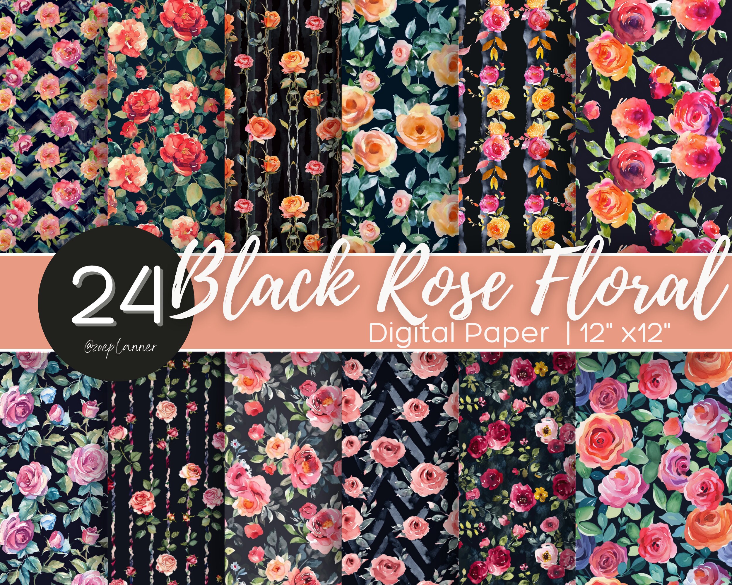 Black Roses Floral Digital Paper - Watercolor Flower Backgrounds ...