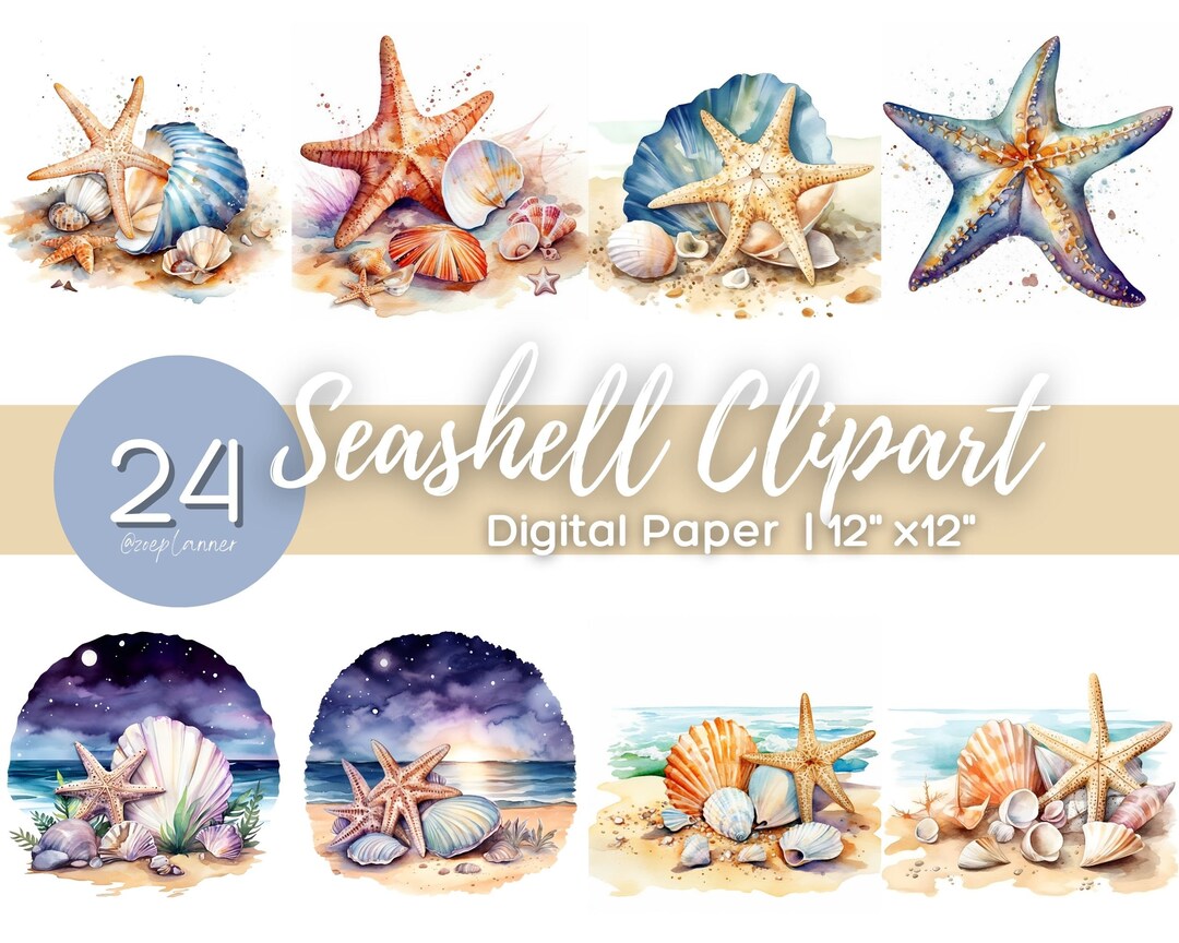 Seashell & Starfish Clipart Digital Paper Collection - Printing ...