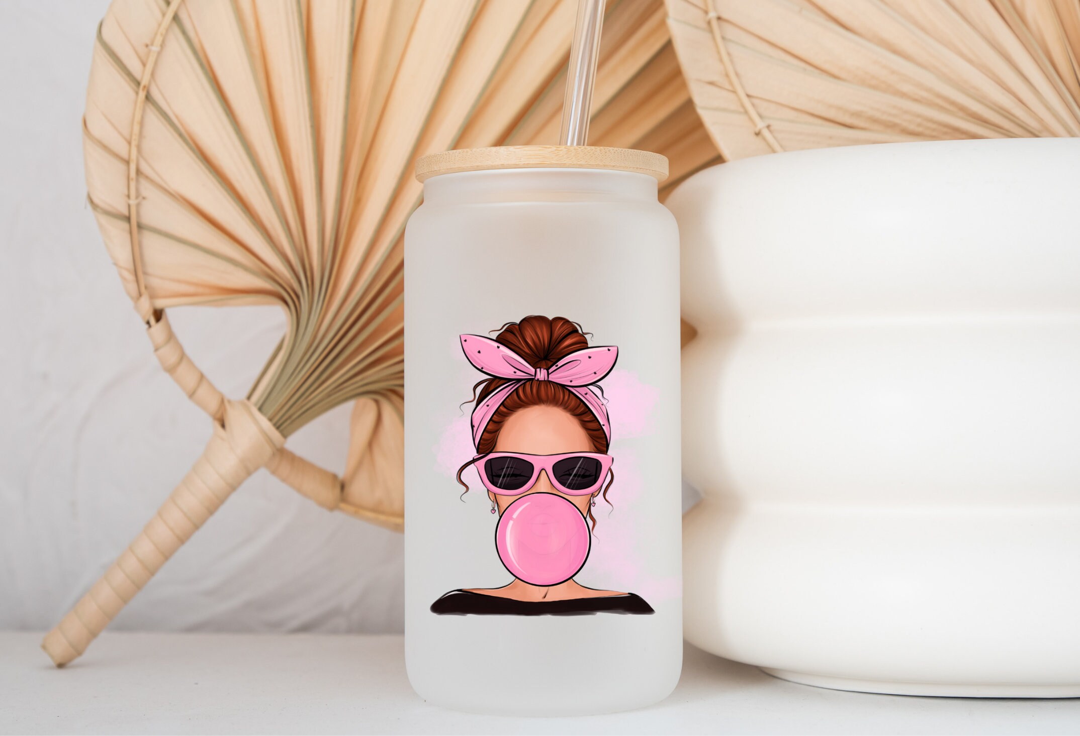 Pink Bubble Gum Girl Frosted Glass Can, Libbey Glass Can, Glass Can ...
