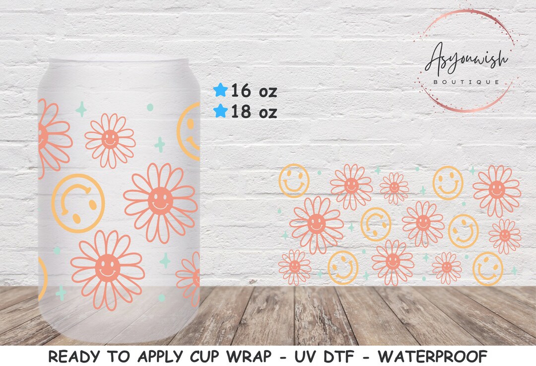 Flowers & Smiley Faces Seamless Cup Wrap, 16oz or 18oz UV DTF Cup Wrap ...