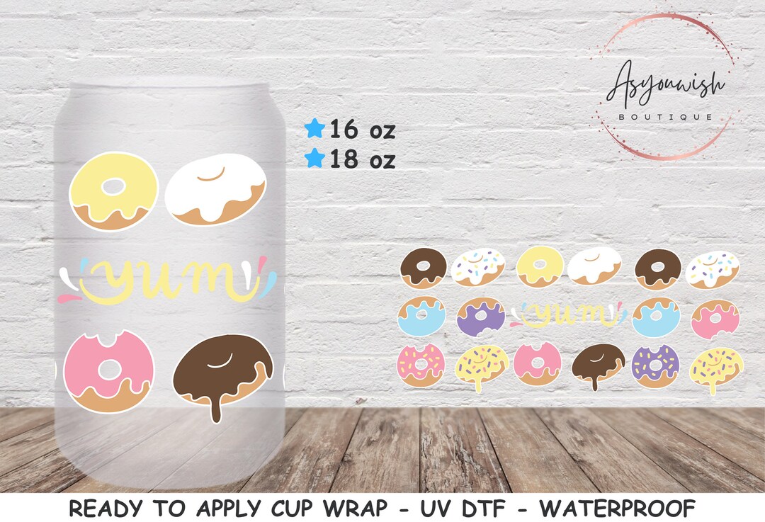 Yum Donuts Seamless Cup Wrap, 16oz or 18oz UV DTF Cup Wrap, Full Glass ...
