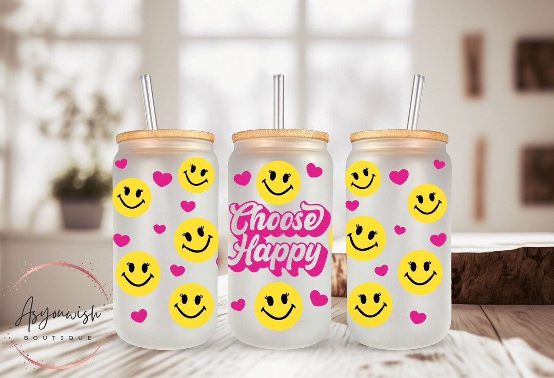 Choose Happy Smiley Face Frosted Glass Can, Beer Can Glass, Libbey ...