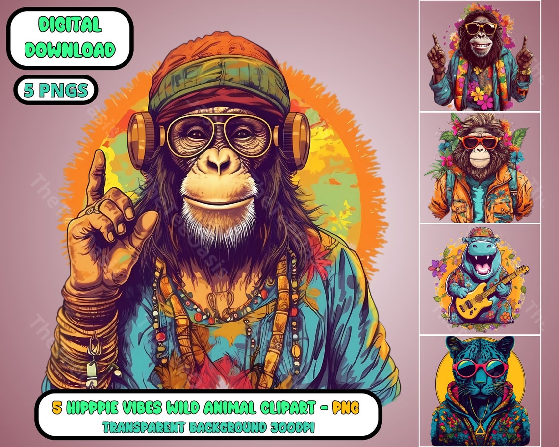 Retro Hippie Wildlife Clipart Bundle Jungle Animal Vibes Png Groovy ...