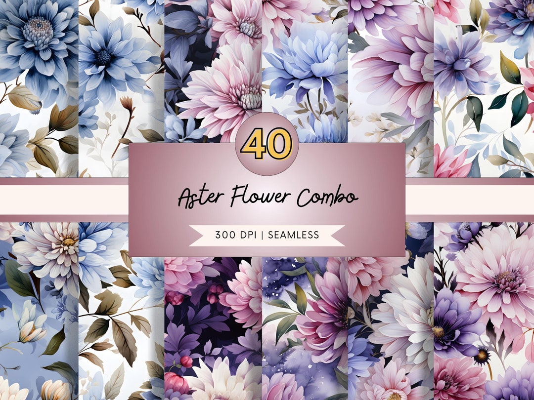 Cute Aster Flower Seamless Pattern Bundle September Floral Birthmonth ...