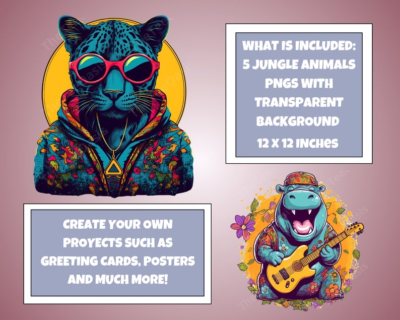 Retro Hippie Wildlife Clipart Bundle Jungle Animal Vibes Png Groovy ...