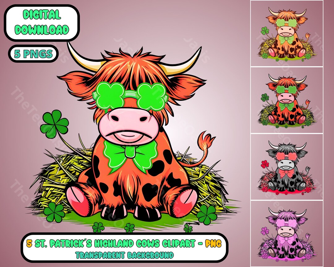St Patricks Day Baby Highland Cow Png Green Irish Clover Sunglasses ...
