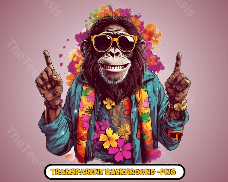 Retro Hippie Wildlife Clipart Bundle Jungle Animal Vibes Png Groovy Primate Clip Art Guitarist ...