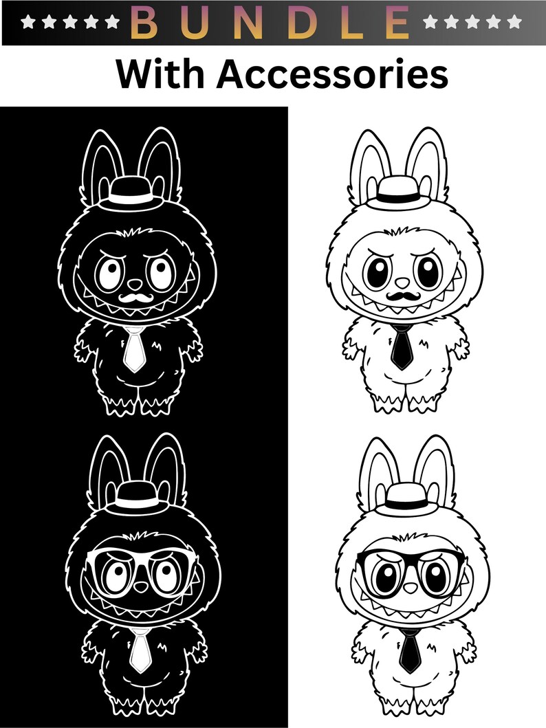 Labubu With Hat and Accessories Bundle for Printing in Black & White ...