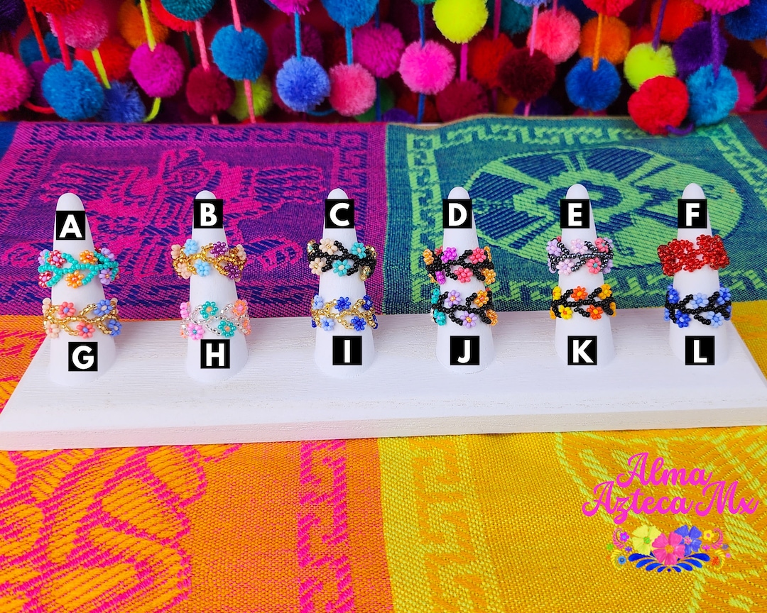 Mexican Colorful Neon Beaded Rings - Handmade Rings - Anillos Mexicanos ...