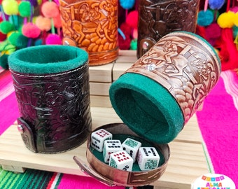 Traditional Mexican POKER DICE CUP Game Leather Engraved Aztec Print ...