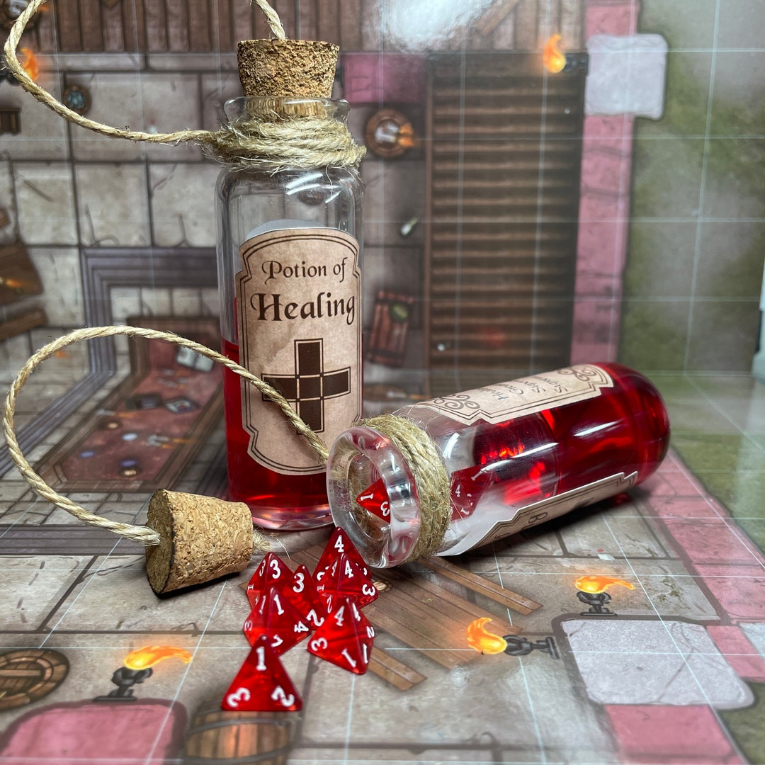 Potion of Healing Handblown Glass Bottle D4 Potion Bottle for D&D Resin Health Potion With Dice ...