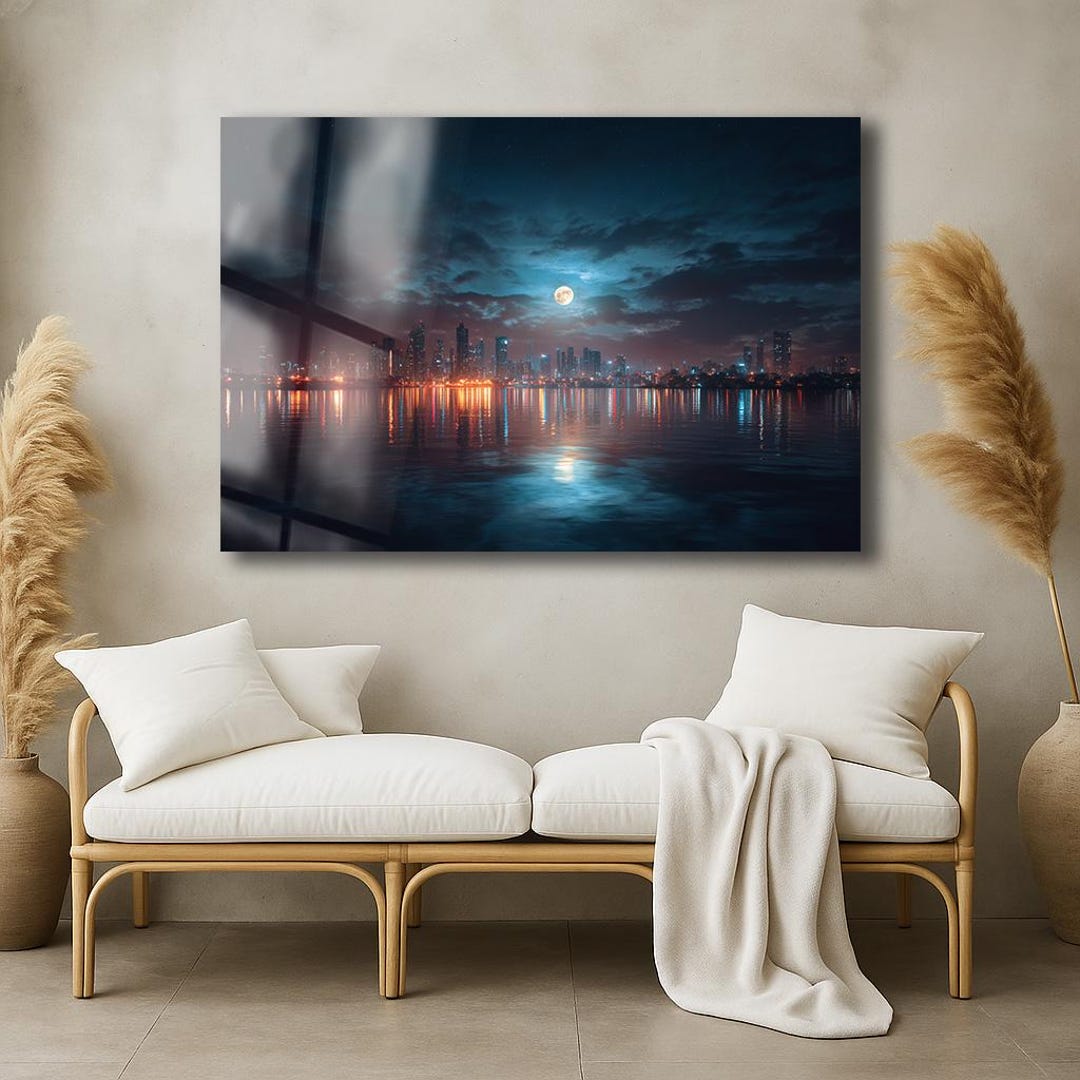 Moonlit City Skyline Glass Wall Art, Night Waterfront Cityscape on ...