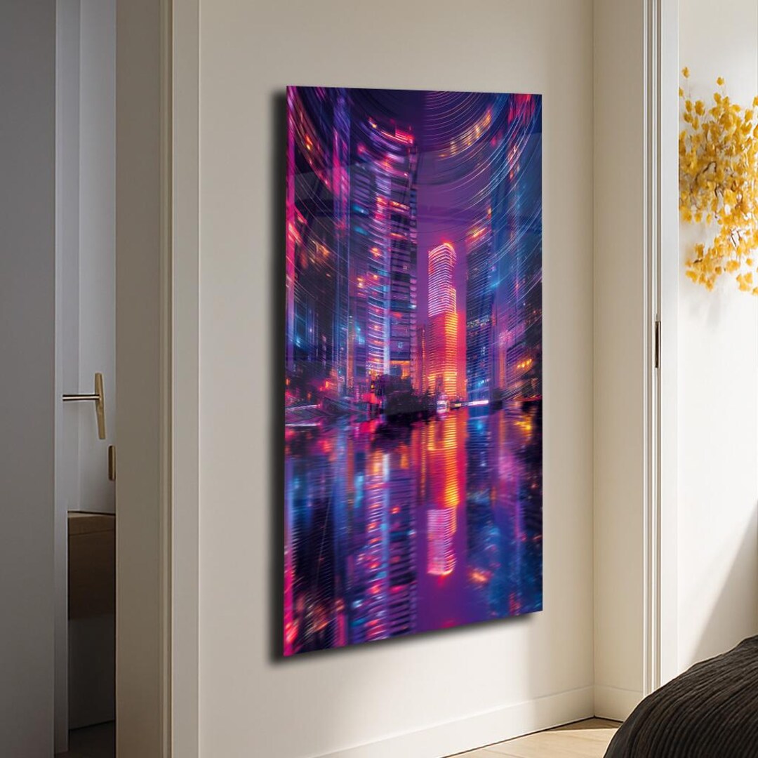 Cyberpunk City Lights Tempered Glass Wall Art, Neon Urban Reflection ...
