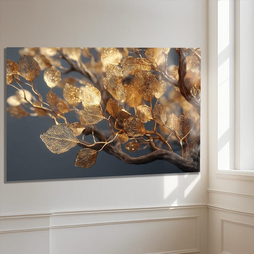 Golden Tree Branch Wall Art on Tempered Glass, Elegant Gold Leaf Nature ...
