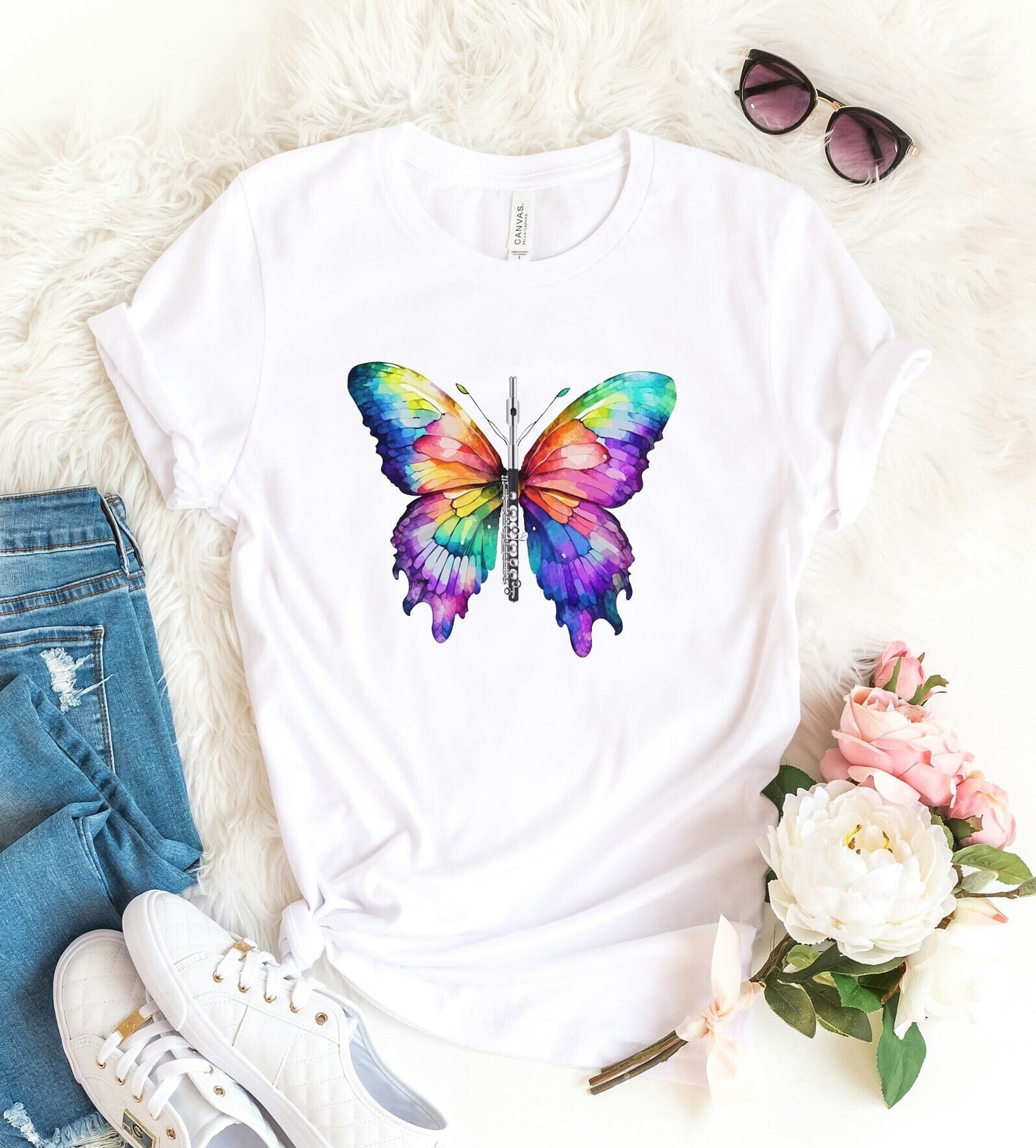 Butterfly With Flute Tshirt, Pretty Butterflies, Cute Flute Tshirt ...