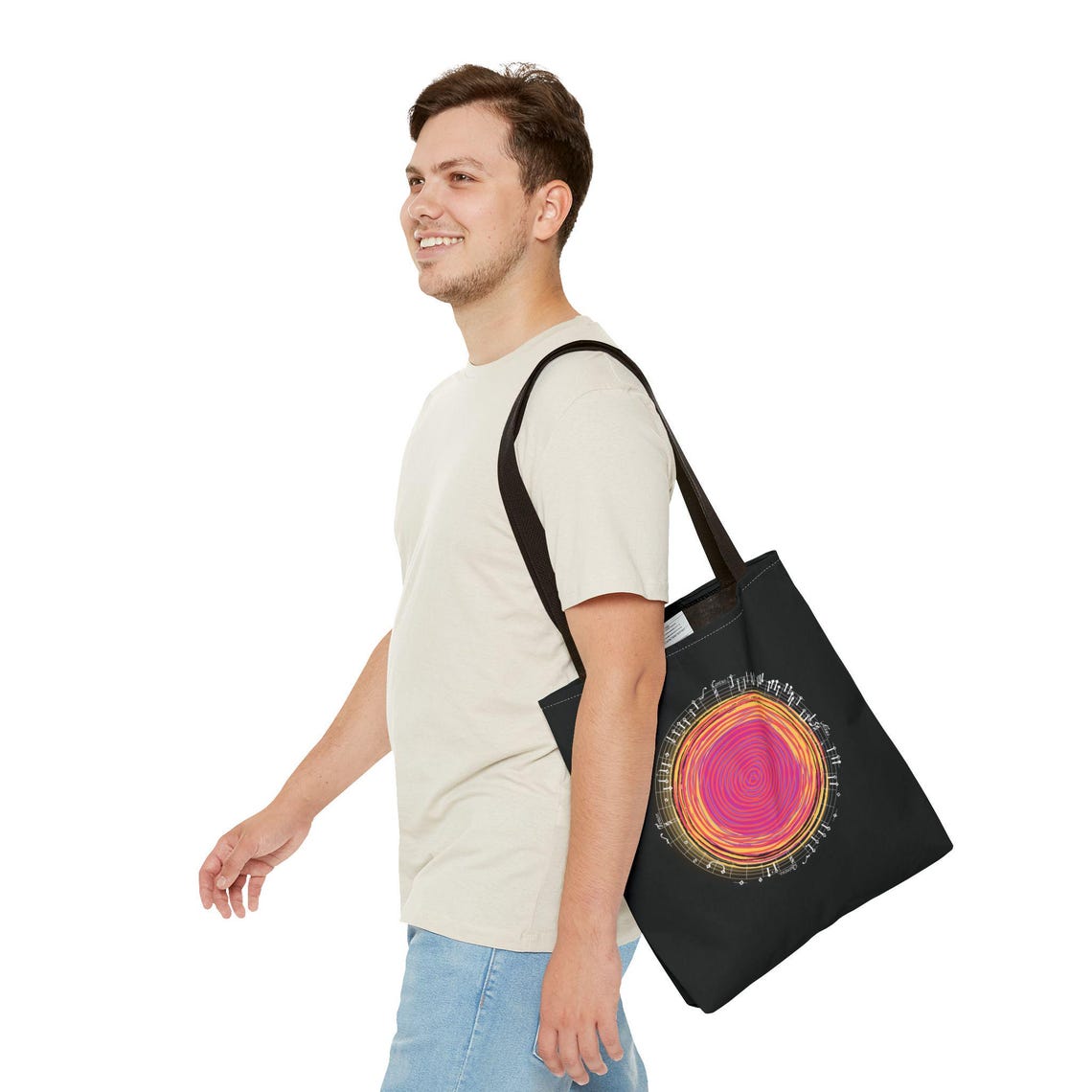 Musical Tote Bag With Fun, Pink Sun Graphic Surrounded by Musical Notes ...
