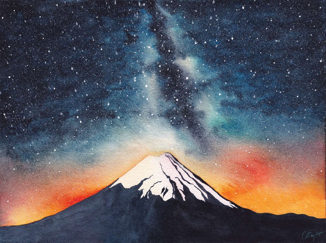Watercolor Starry Night on Mount Fuji - Etsy