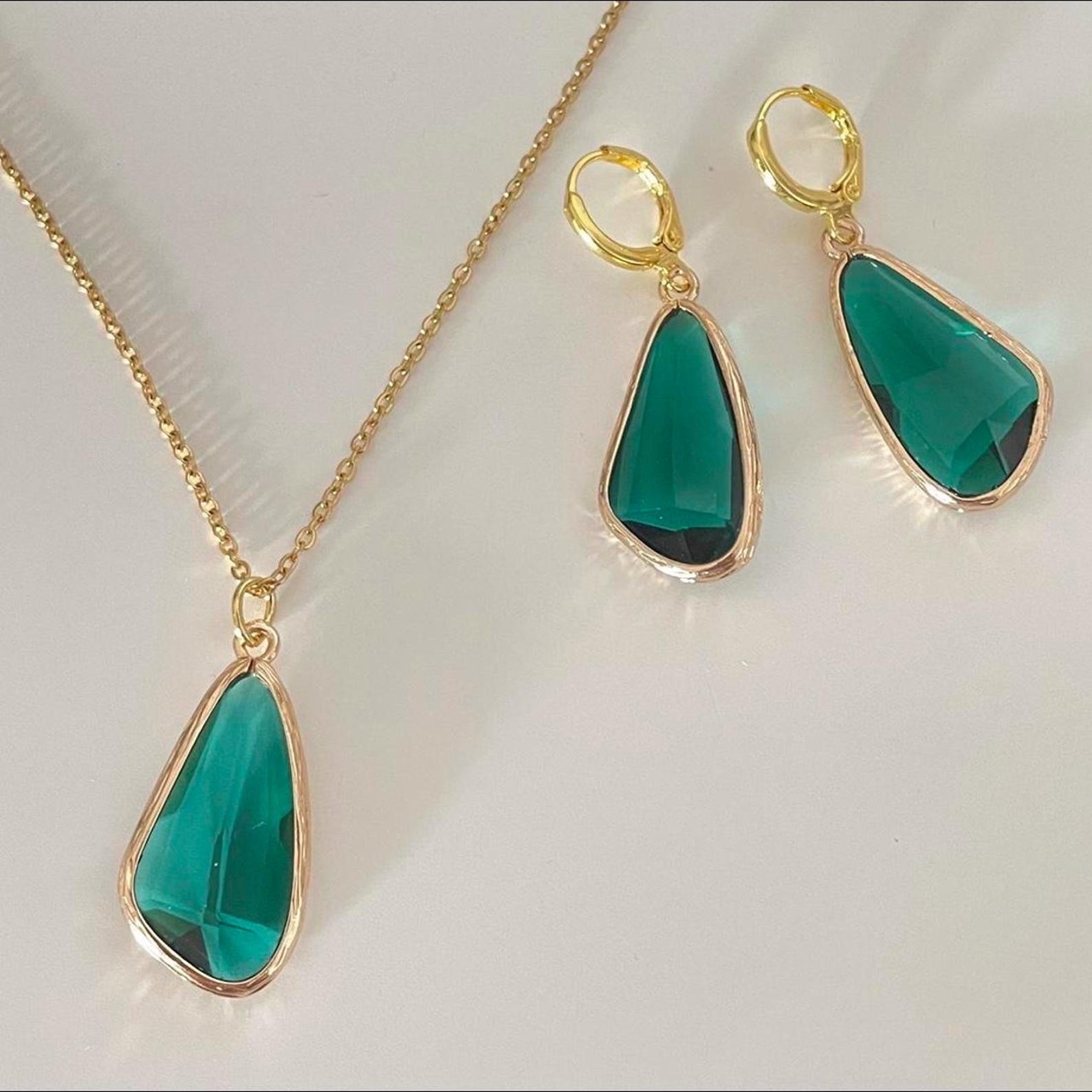 Jade Teardrop Earrings and Necklace Set; Gold Huggie Hoop Earrings ...