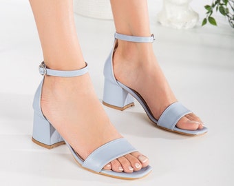 Blue Low Heels, Blue Block Heels, Blue Bridal Heels, Blue Open Toe ...