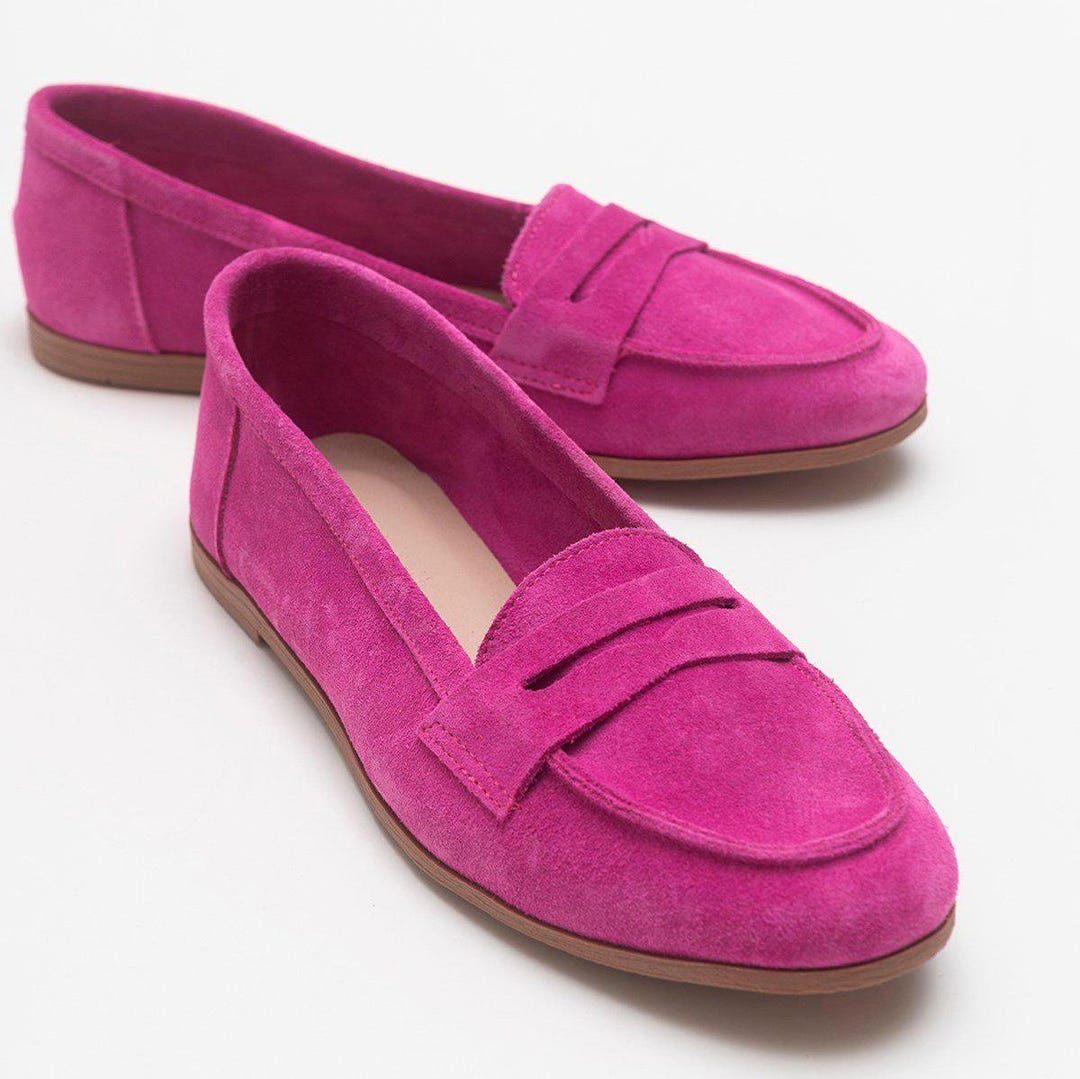 Fuchsia Pink Suede Loafers, Womens Leather Loafers, Pink Suede Leather ...