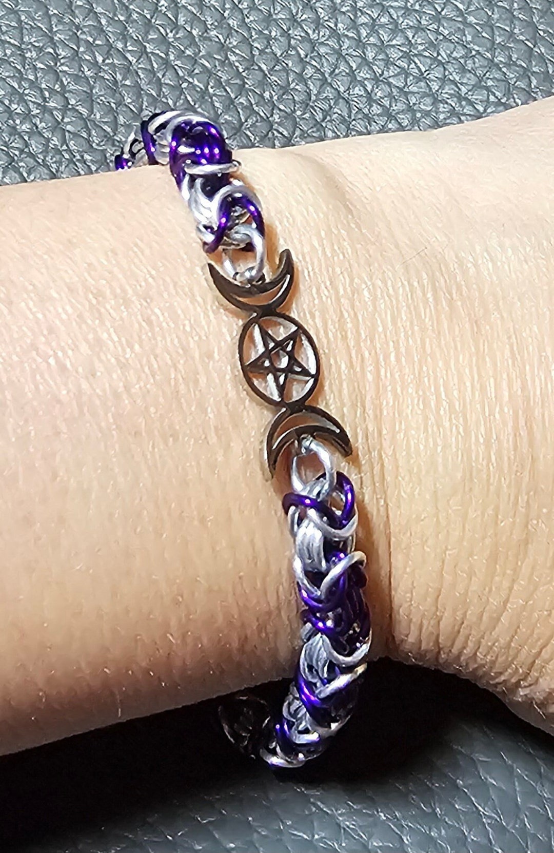 Custom Triple Moon Goddess Chainmail Bracelet, Witchy Wiccan Jewelry ...