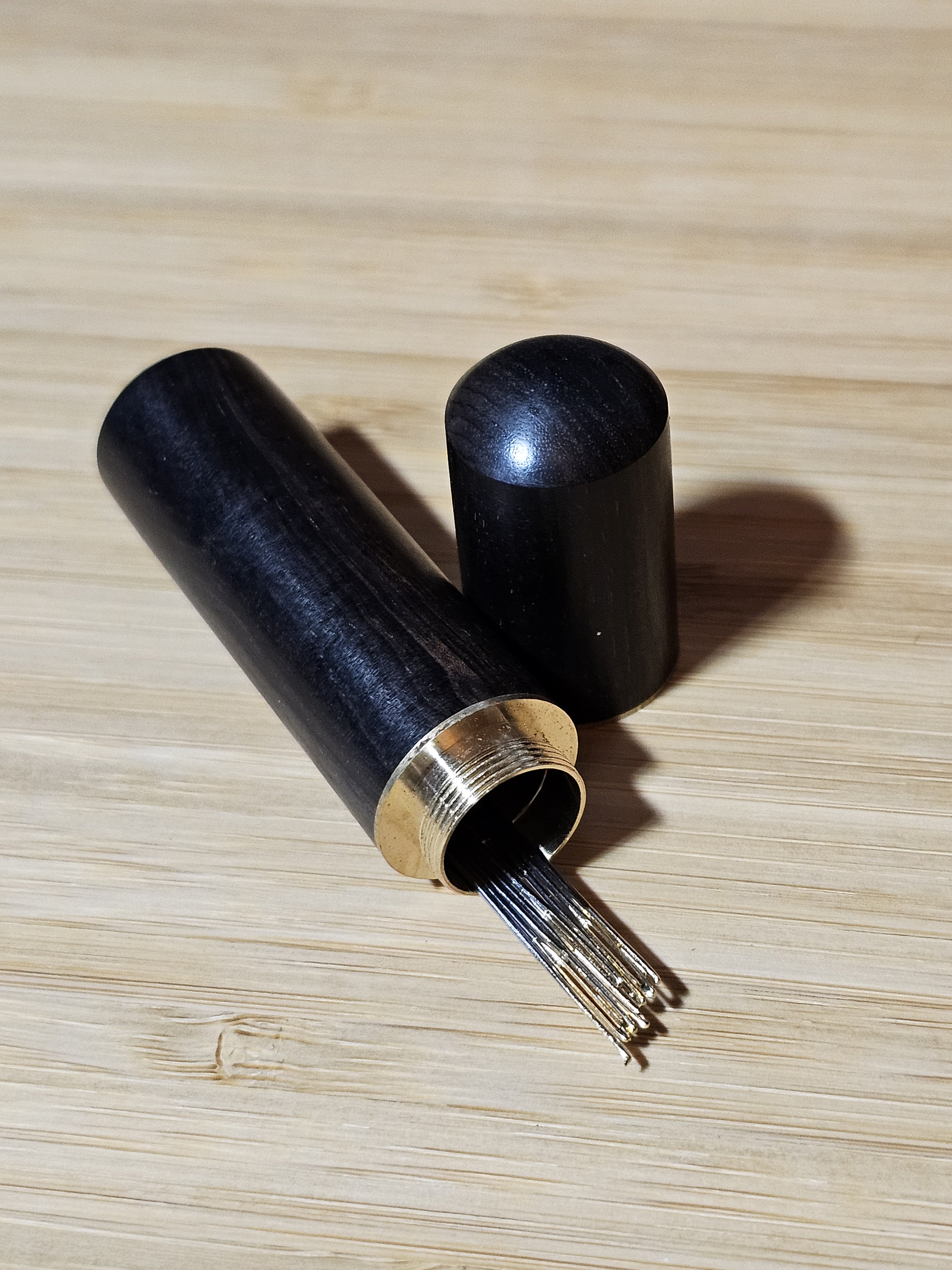 Wooden Tapestry Needle Storage Case, Brass Screw Top Round Container ...