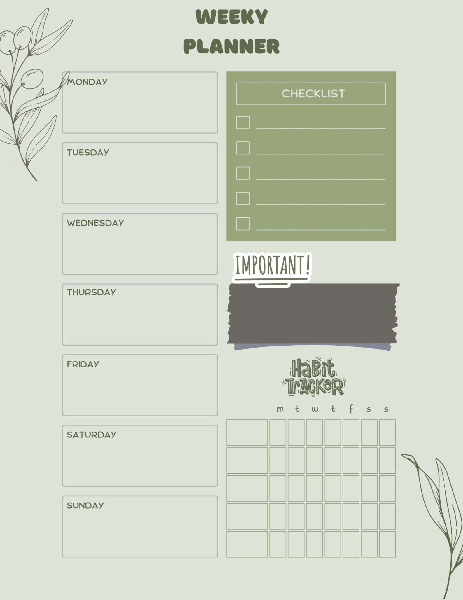 PRINTABLE Weekly Planner in Olive - to Do, Checklist, Habit Tracker ...