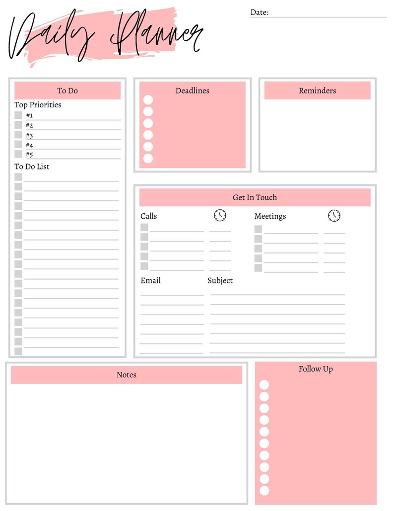 PRINTABLE Daily Planner - to Do, Deadlines, Reminders, Meetings. for ...
