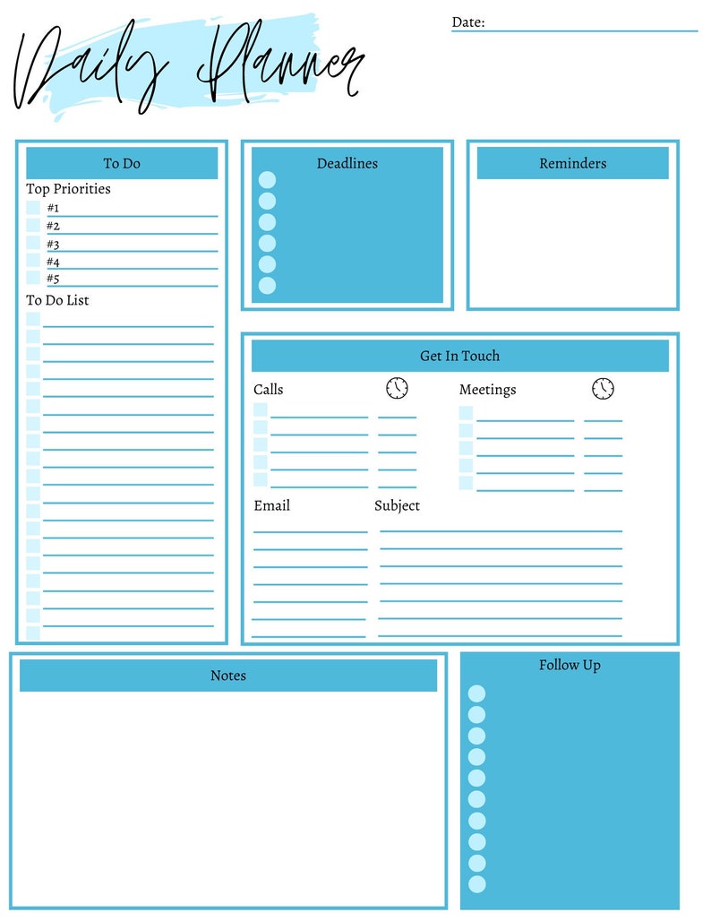 PRINTABLE Daily Planner - to Do, Deadlines, Reminders, Meetings. for ...