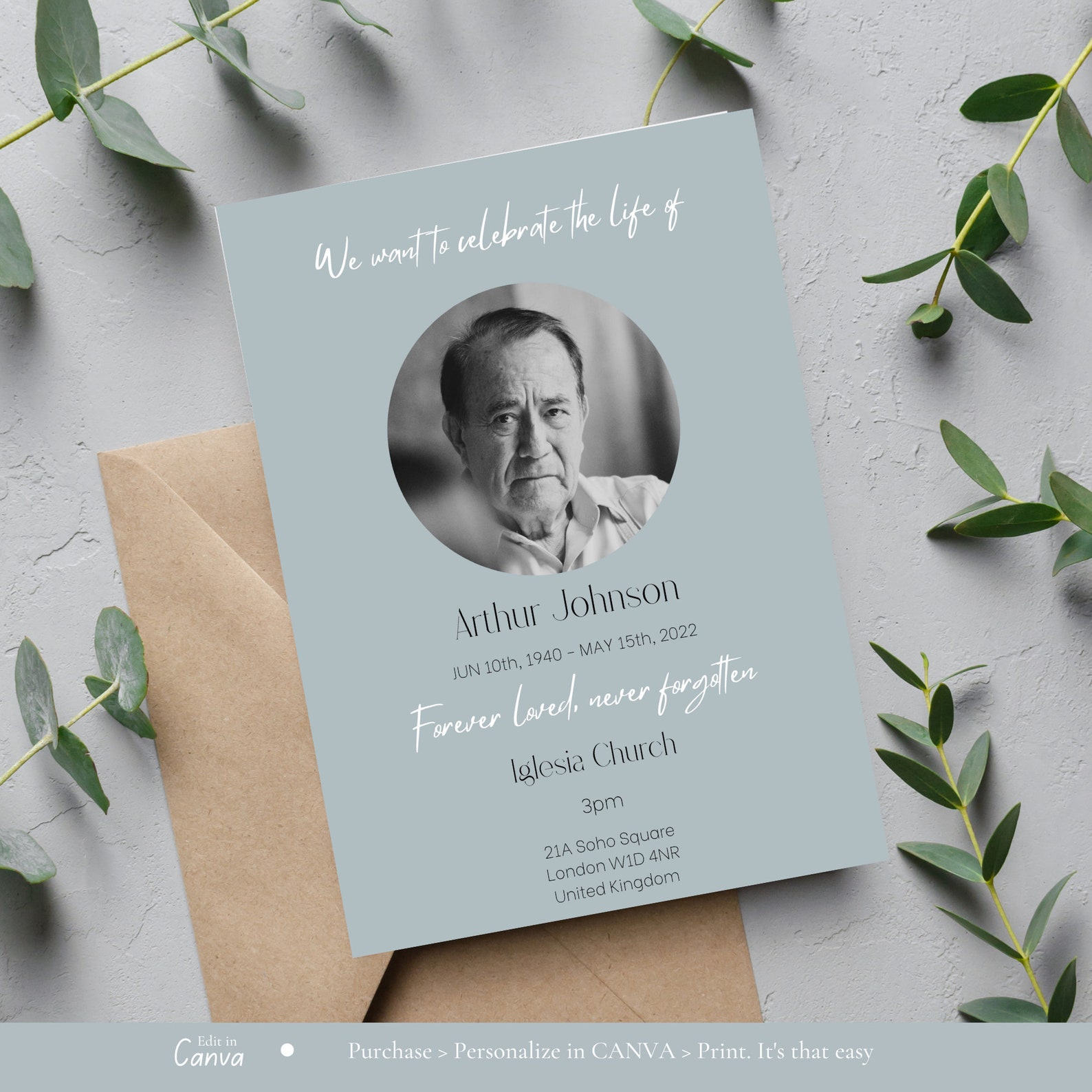 Minimal Funeral Program Template, Memorial Program, Editable Memorial ...