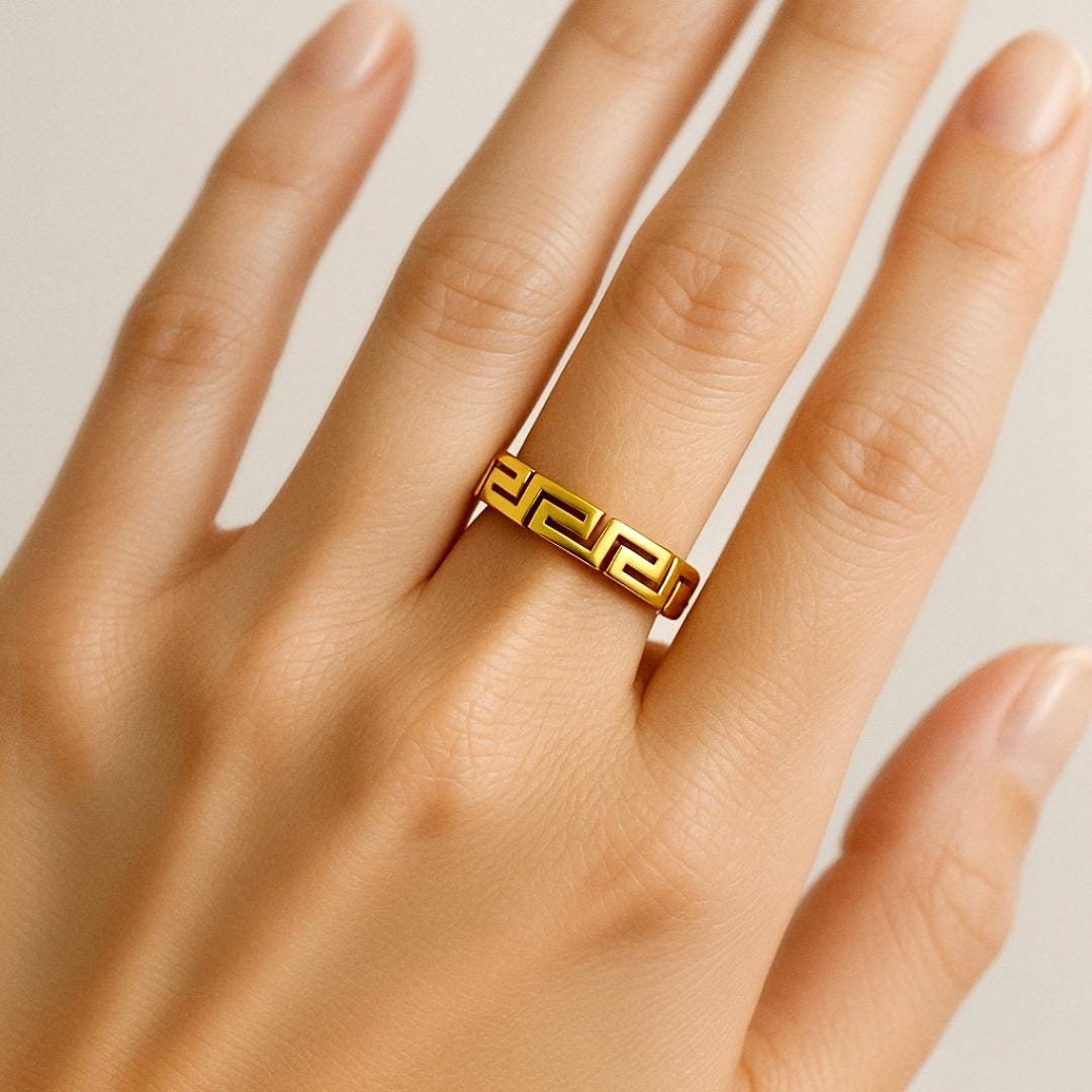 18K Gold Tone Greek Meander Ring - Waterproof Stainless Steel, 4mm Wide ...