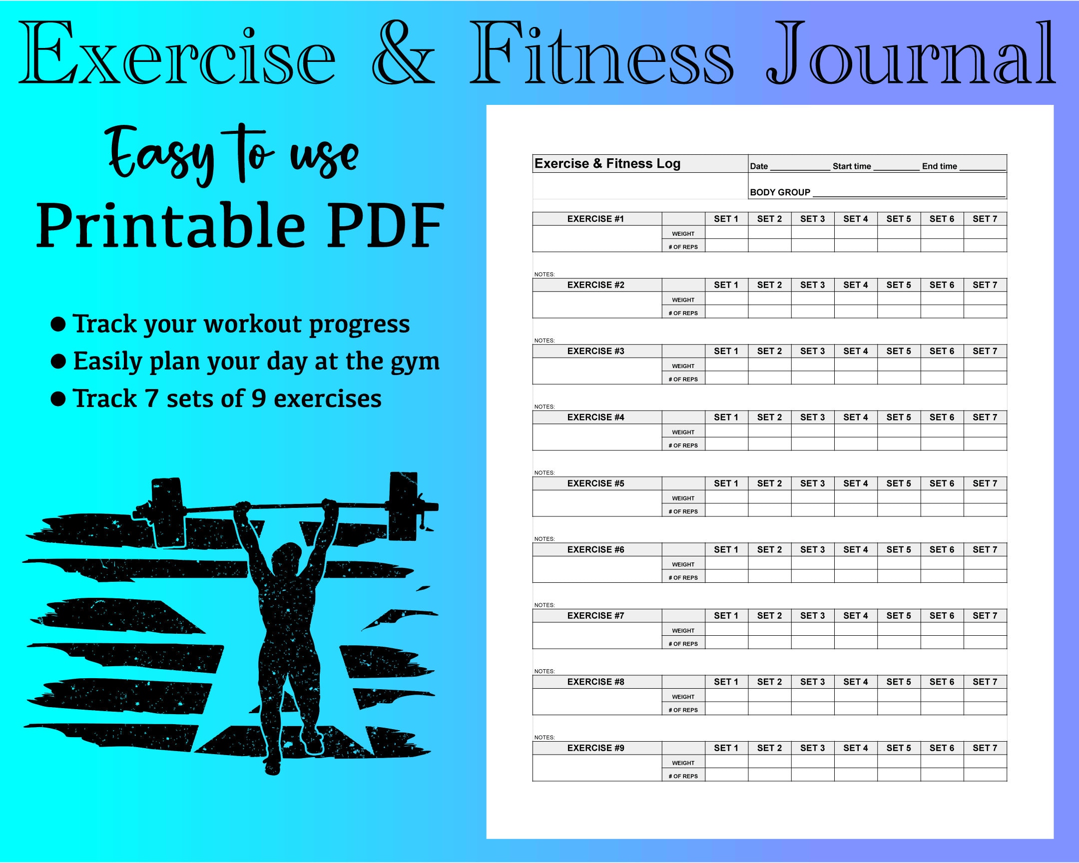 Workout Exercise Log: Fitness Tracker, Weightlifting Journal (printable ...
