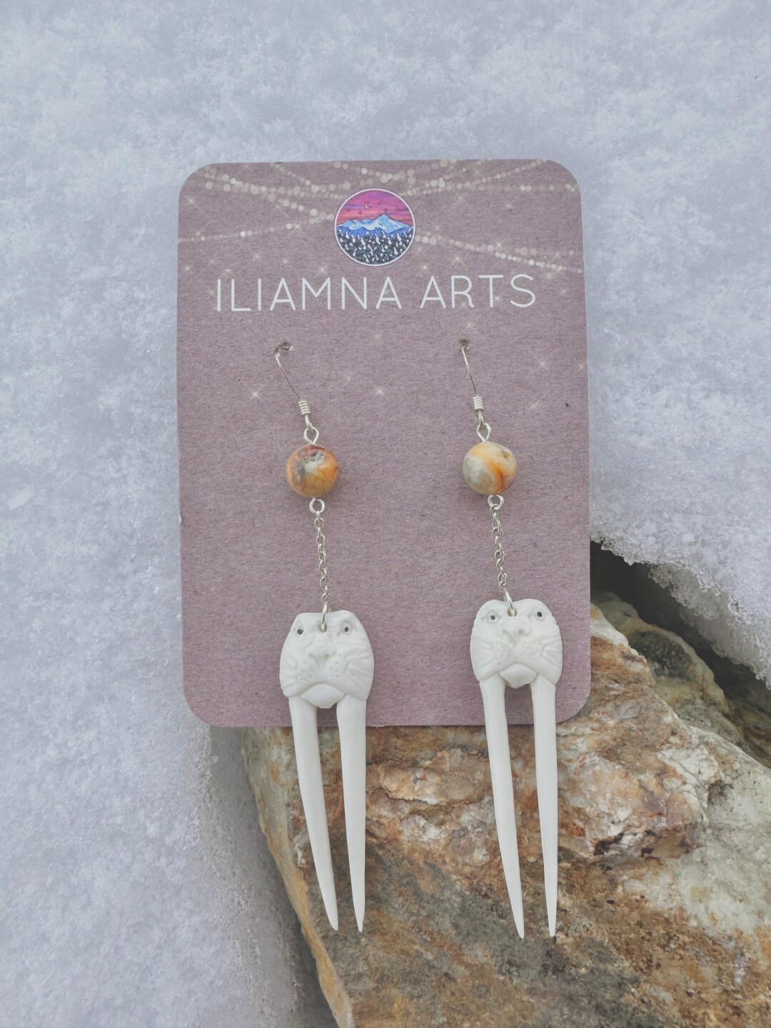 Carved Bone Walrus Tusk and Crazy Lace Agate Earrings - Etsy